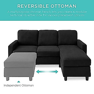 Best Choice Products Upholstered Sectional Sofa for Home, Apartment, Dorm, Bonus Room, Compact Spaces w/Chaise Lounge, 3-Seat, L-Shape Design, Reversible Ottoman Bench, 680lb Capacity - Black