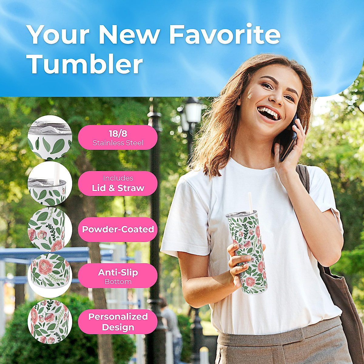 Floral Print Vacuum Insulated Stainless Steel Skinny Tumbler with Straw - Coffee Mug with Lid - Tea Cup for Travel- Nature Themed, Plant Lovers - Travel Mug, Birthday Gift - Floral Mugs for Women