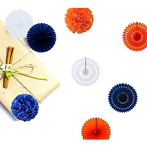 28PCS Navy Blue Orange White Birthday Bridal Baby Shower Wedding Bachelorette Decoration Supply Kit - 12" 10" Tissue Paper Pom Pom, Paper Fan, Tassel Garland, Clover Garland …