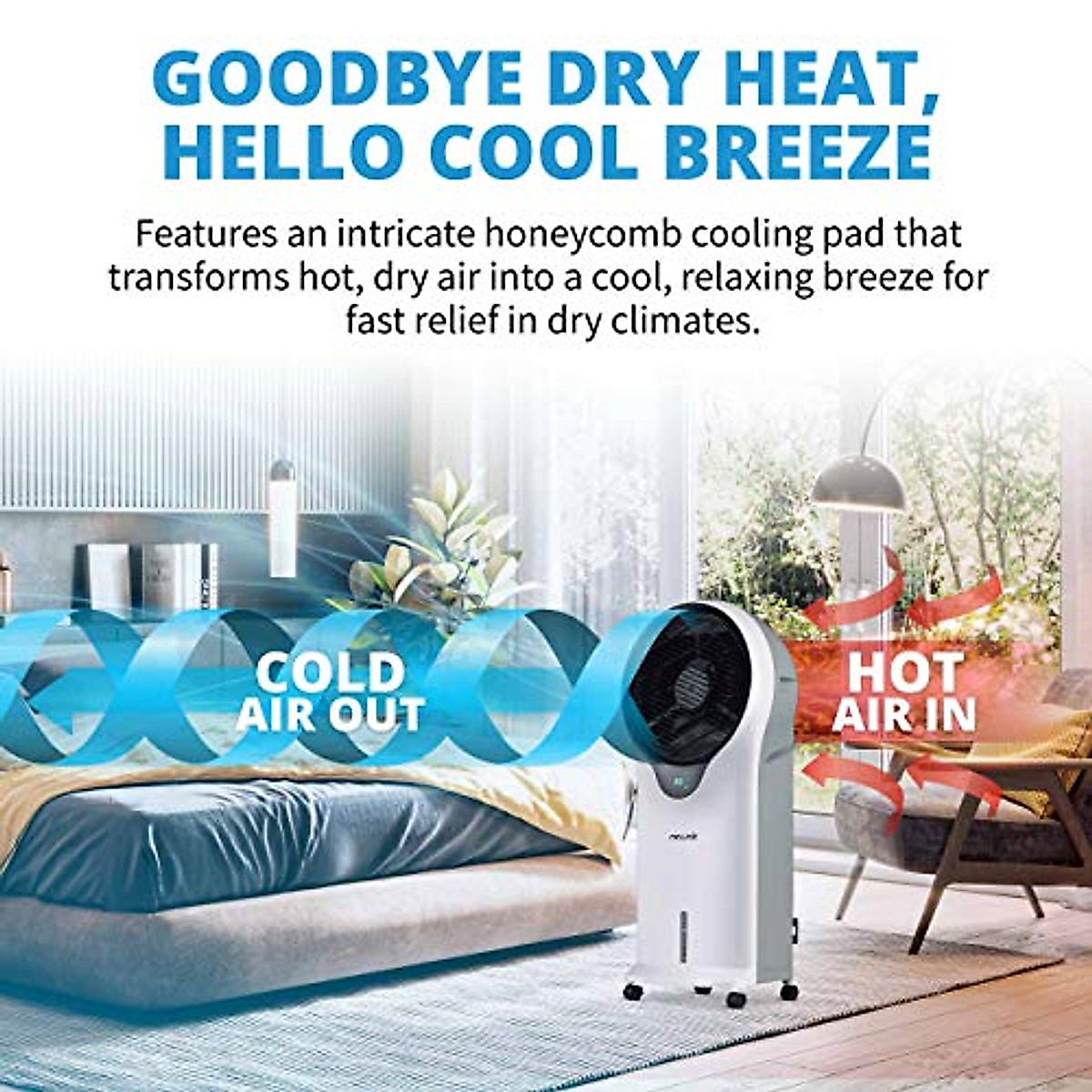 Newair Evaporative Cooler 470 CFM 250 sq. ft. Freestanding Home Air Cooler 3 Fan Speeds 1.45 Gallon Water Tank, White Easy Glide Wheels Remote Control Included