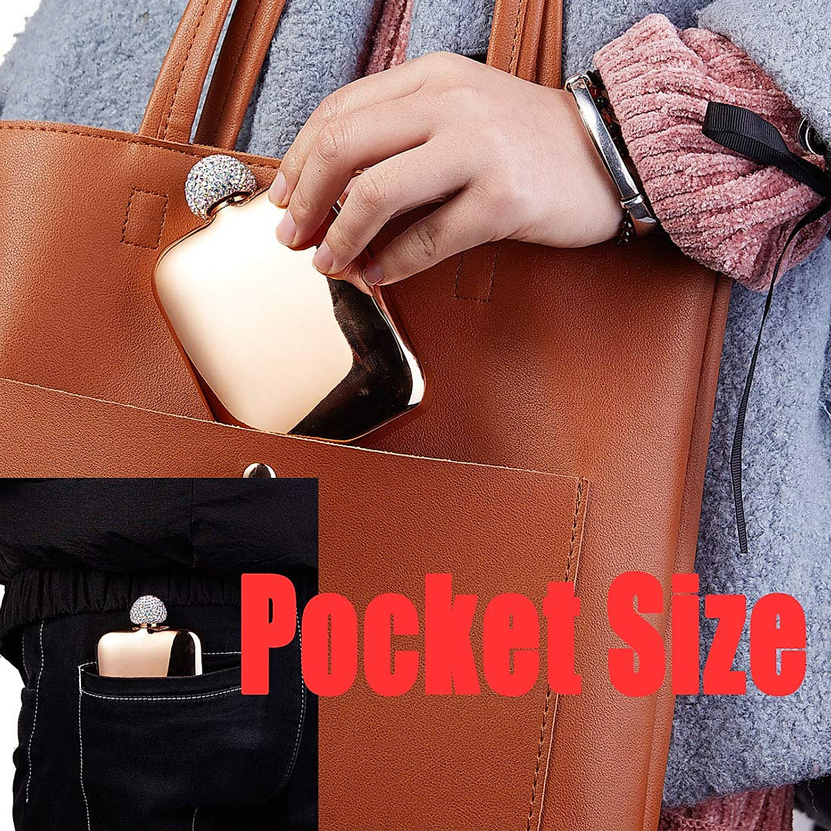 Hillside-Kit Booze Shot Flask- AB Crystal Lid Creative 304 Stainless Steel Wine Alcohol Liquor Flask for Women Girls Men Party Hand size Flask-6OZ