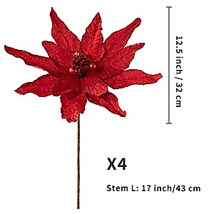 Wesail Christmas Tree Picks, Xmas Stem Red Poinsettia Flowers for Holiday Decorations, Buffalo Check Pattern Ornament for Xmas Tree Topper Decor, 4pcs per Pack