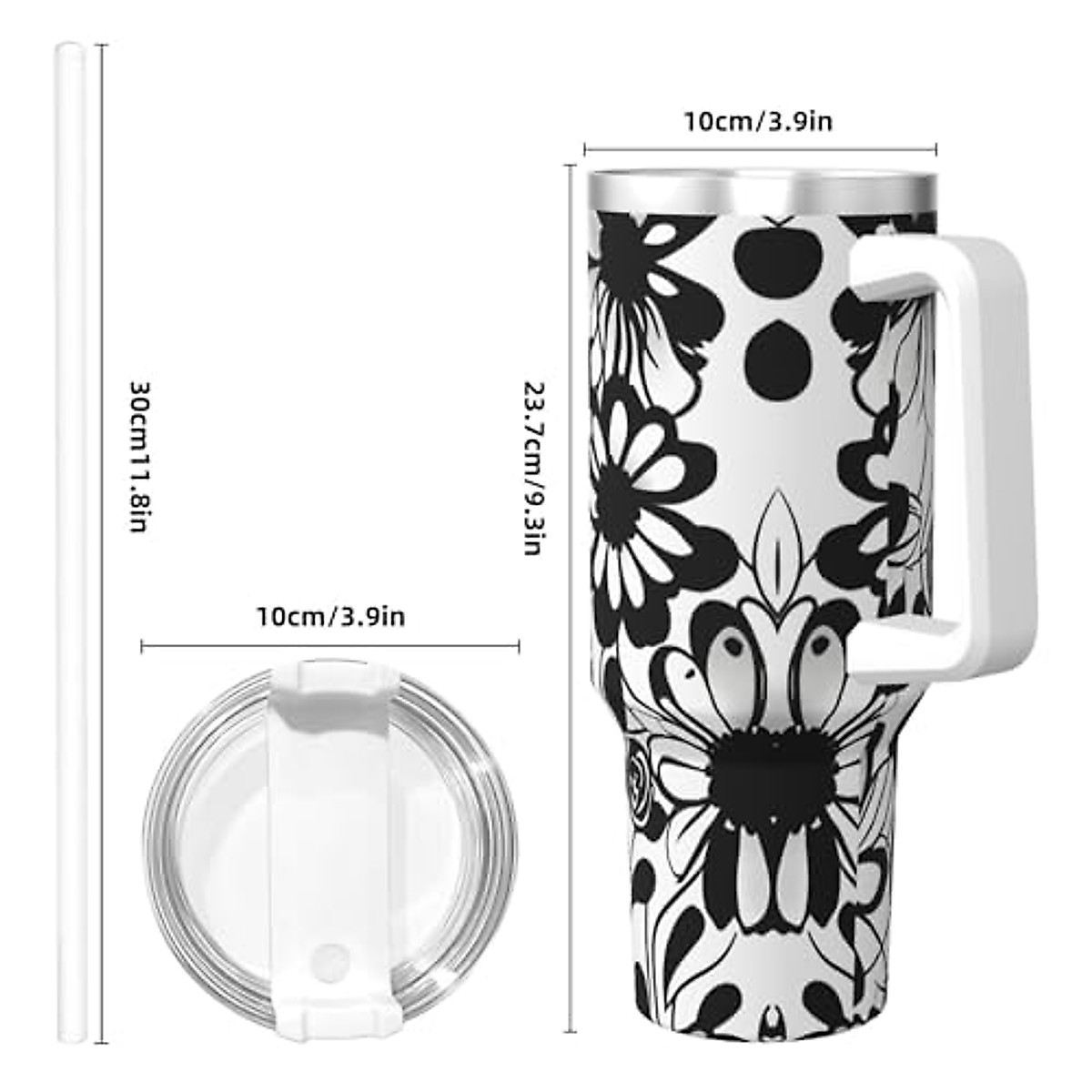 HULIBIN Black and White Flowers Print Double Deck Stainless Steel Travel Coffee Cup With Lid 40 Oz Ice Bully Cup