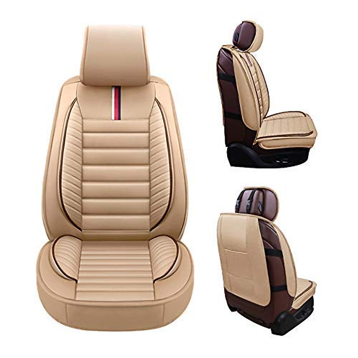 OASIS AUTO Car Seat Covers Premium Waterproof Faux Leather Cushion Universal Accessories Fit SUV Truck Sedan Automotive Vehicle Auto Interior Protector Full Set (OS-001 Tan)