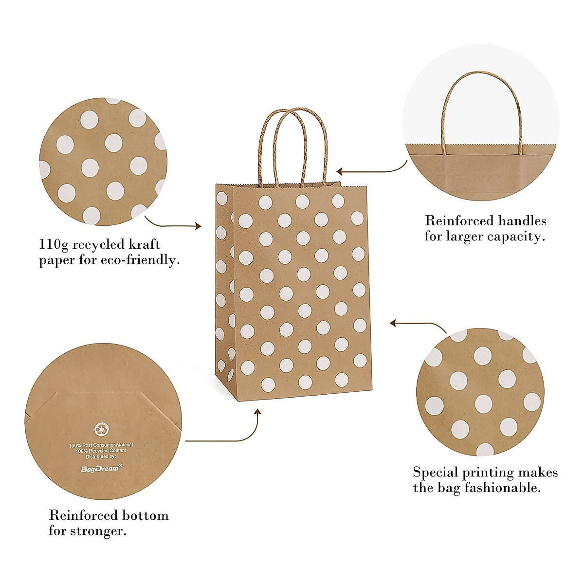 BagDream Small Paper Gift Bags 25Pcs 5.25x3.75x8 Inches Kraft Paper Bags with Handles, Paper Shopping Bags Party Bags Recyclable Kraft Bags Brown Dot Party Bags