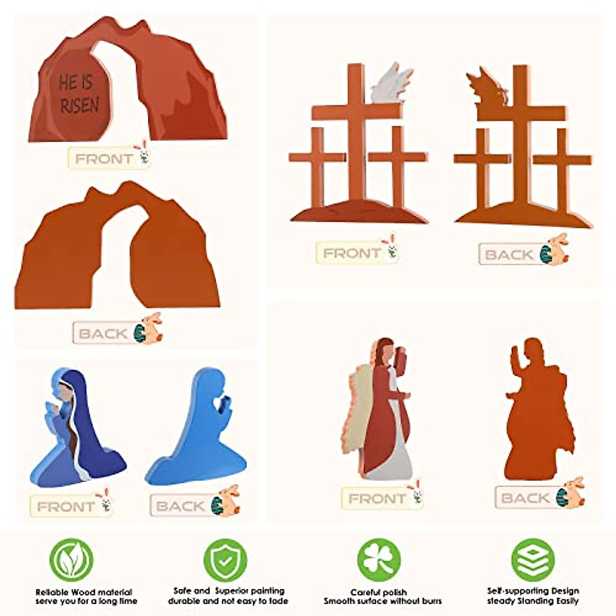 Ufkaa Easter Decorations, 4pcs Religious He is Risen Decor, Wooden Empty Tomb Resurrection Scene, Cross Table Christian Spring Decor, Farmhouse Easter Nativity Tier Tray Decor for Home Mantle