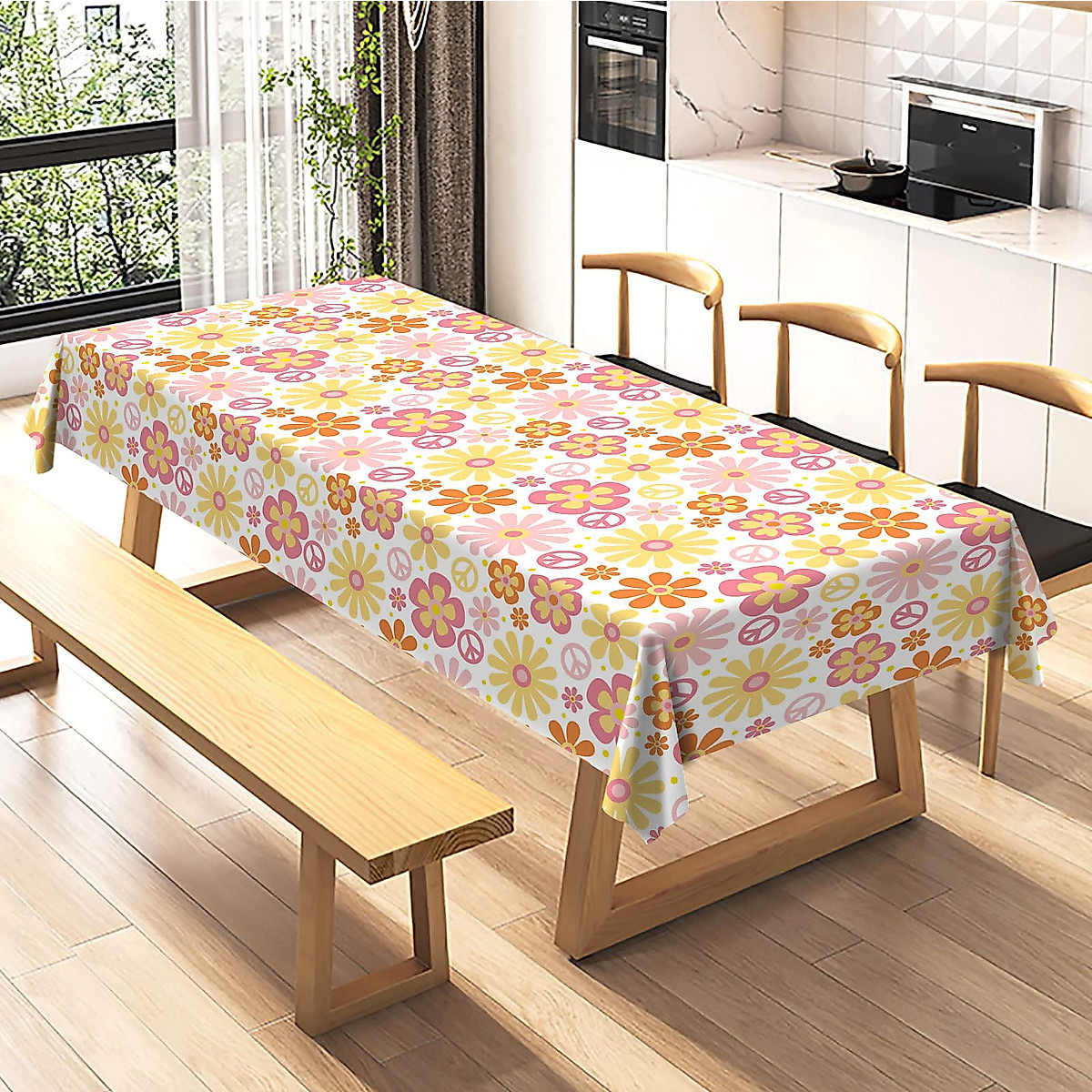 Buxiuer Groovy Tablecloth Retro Hippie Boho Daisy Birthday Party Decoration Disposable Plastic Table Cloth Waterproof Table Cover Dining Room Kitchen Decor 54 x108 Inch -Pack of 2