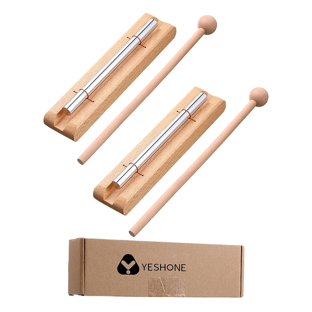 Yeshone 2 Set Hand Chimes for Classroom Meditation Chimes Bells Classroom Management Tools Chimes Instrument with Mallet for Meditation Yoga Prayer Teacher School(Wood Color, Single Tone)