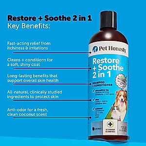 Pet Honesty Restore + Soothe 2 in 1 Shampoo + Conditioner for Sensitive Skin for Dogs & Cats (Coconut) 16oz + Multivitamin Dog Supplement with Glucosamine, Probiotics, Omega Fish Oil for Skin and Coat