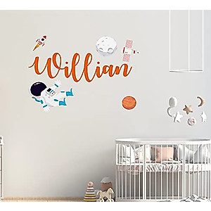 Custom Name Astronaut Wall Decal - Personalized Astronaut Wall Sticker - Spaceship Planet Outer Space Wall Art Mural - Wall Decal for Nursery Bedroom playroom Decoration (Wide 15"x11" Height)