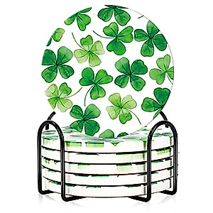Whaline 6Pcs St. Patrick's Day Ceramic Coaster Set Watercolor Shamrock Drink Coasters with Coaster Holder Green Clover Absorbent Coasters for Table Protection Housewarming Gifts Home Decor
