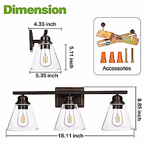 hykolity 3-Light Vanity Light Fixture, 5-Piece All-in-One Bathroom Set (E26 Bulb Base), Oil Rubbed Bronze Wall Lighting with Glass Shads, ETL Listed (Bulb not Included)