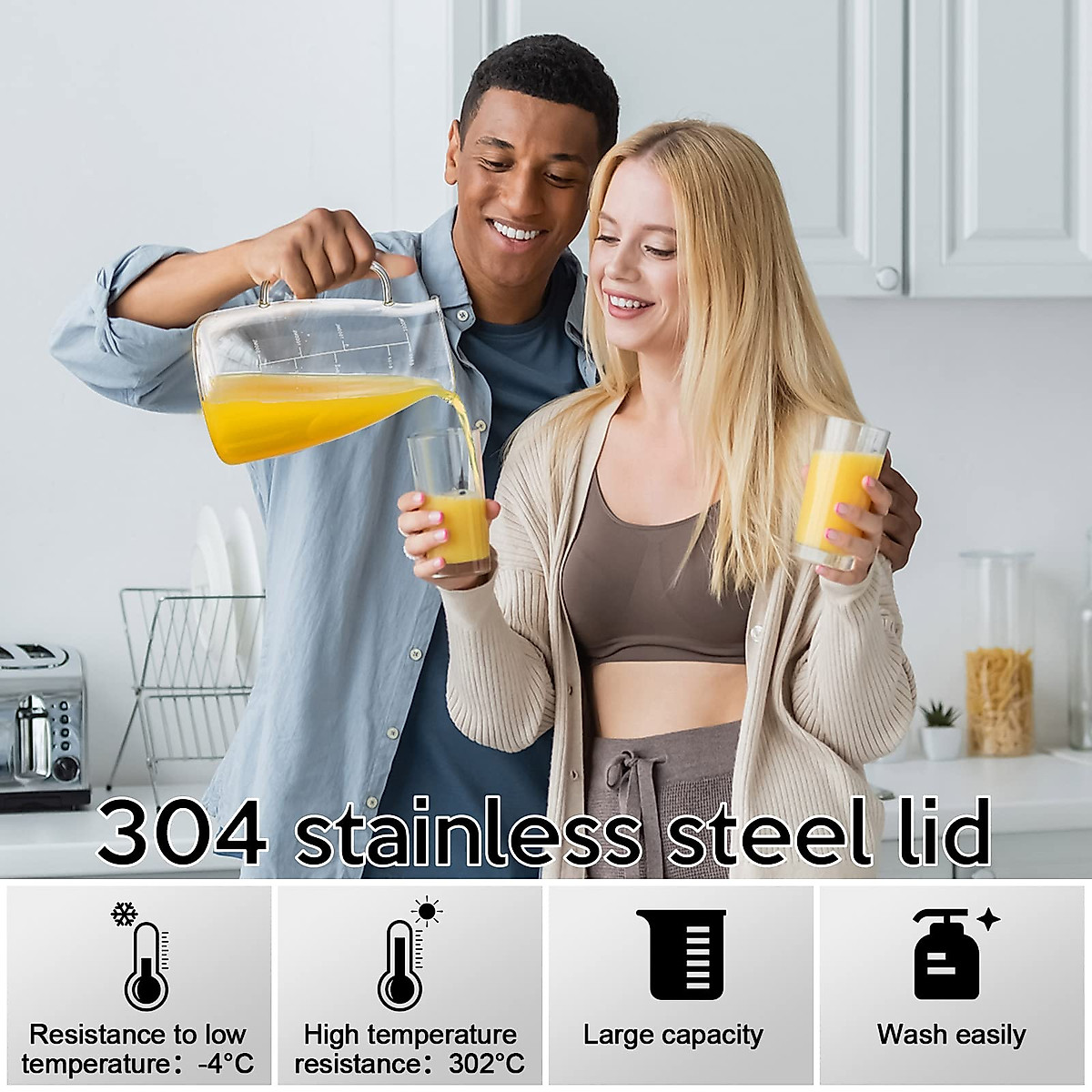 2 Pcs Glass Pitcher Water Pitcher Fridge with Lid and Handle Carafes and Pitchers Iced Tea Pitcher Hot Cold Water Heat Resistant Borosilicate Glass Jug for Water Juice Iced Tea (Simple Style,68 oz)