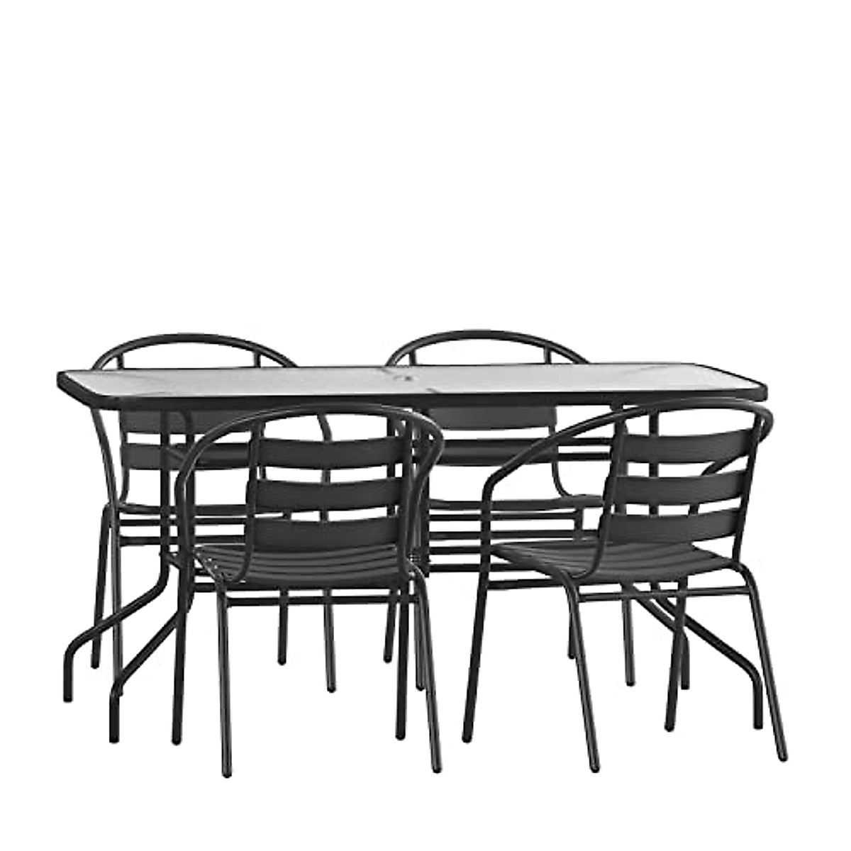 Flash Furniture Patio Dining Set, 55" Tempered Glass Table with Umbrella Hole, 4 Black Metal Aluminum Slat Stack Chairs