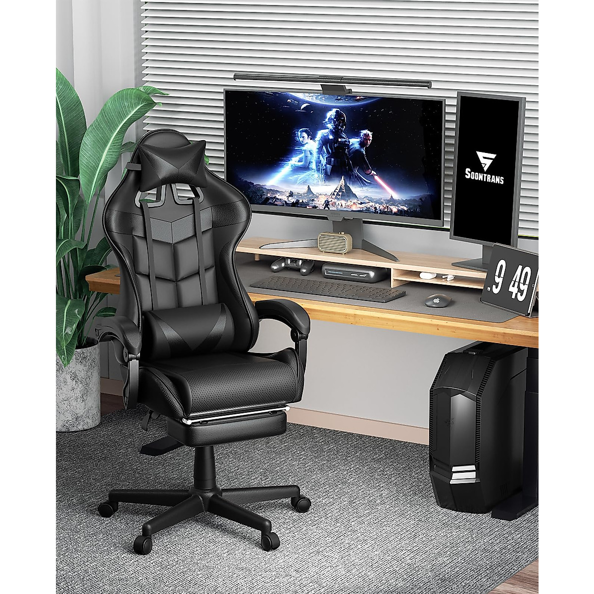 Soontrans Black Gaming Chairs with Footrest, Ergonomic Gamer Chair, Home Office Chair,PC Computer Chair with Headrest and Lumbar Support(Dark Black)