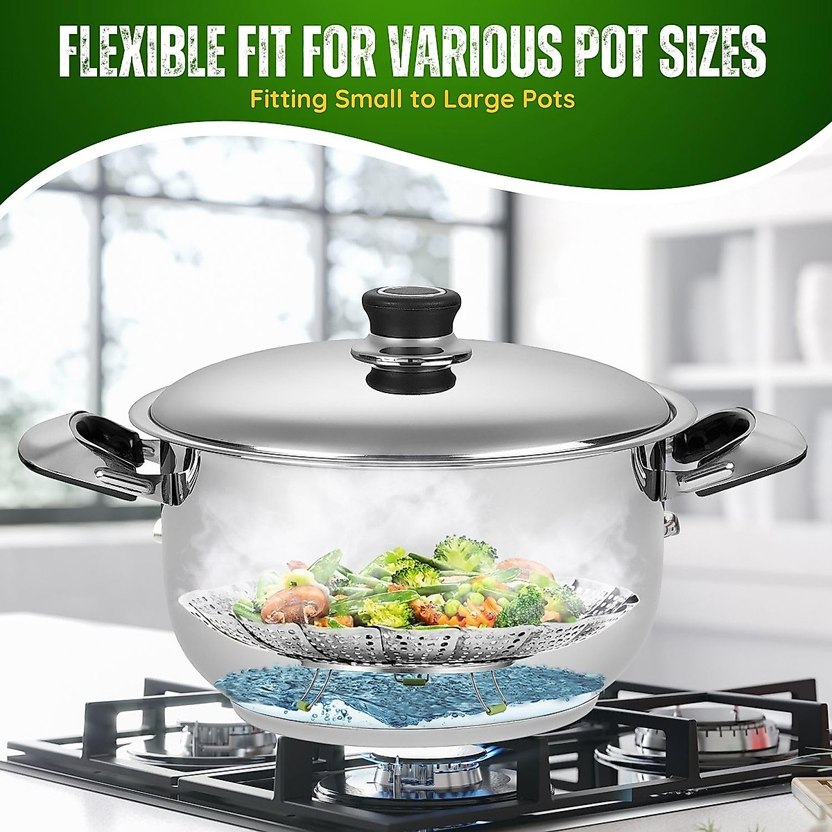 Flexzion Vegetable Steamer Basket for Pot - Stainless Steel Steaming Basket for Veggie, Fish, Meats, Eggs - Extendable Expandable Foldable Steam Basket w/Handle for Various Pot Size, 7 to 11 Inch
