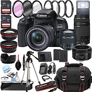 Canon EOS 850D (Rebel T8i) DSLR Camera w/EF-S 18-55mm F/4-5.6 is STM Zoom Lens + 75-300mm F/4-5.6 III Lens + EF 50mm f/1.8 STM Lens + 128GB Memory + Case + Tripod + Filters (40pc Bundle)