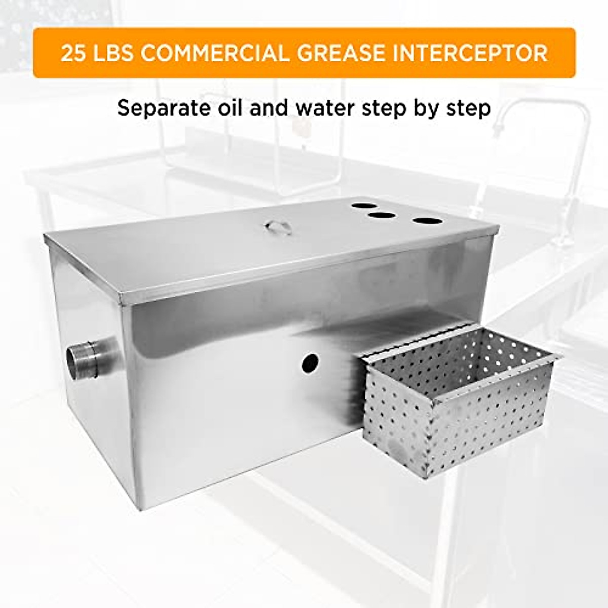 Ganggend Upgraded Commercial Grease Trap, 10LBS Grease Interceptor Trap, 5GPM Stainless Steel Grease Trap Interceptor Set with Removable Baffles for Restaurant, Canteen, Kitchen Wastewater