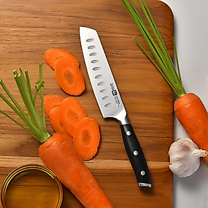 Klaus Meyer Stahl High Carbon Exclusive German Steel 5.5 inch Kitchen Chef Knife Ultra Sharp Santoku Knife, Japanese Chefs Knife (Black)