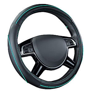 Car Pass Colour Piping Leather Universal Fit Steering Wheel Cover,Perfectly fit for 14.5-15 inches for Various Vehicles SUVs,Vans,Sedans,Cars (Black & Mint)