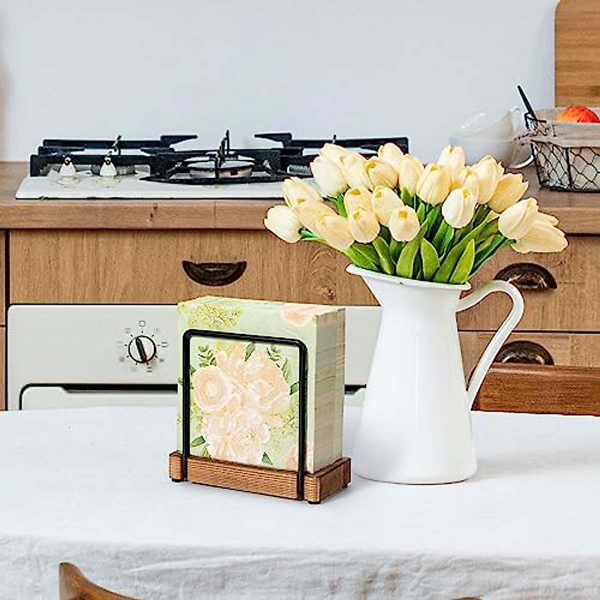 Napkin Holder for Kitchen Dining Table - Farmhouse Standing Iron Napkins Holders with Wood Base for Paper Napkins, Modern Dispenser for Home Decor