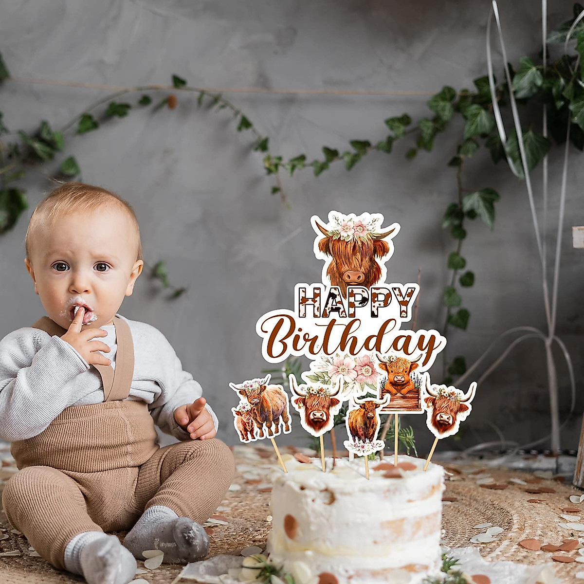 Tanlade 25 Pcs Highland Cow Cake Topper and Highland Cow Cupcake Topper, Highland Cow Birthday Decorations Highland Cattle Cake Decorations for Farm Animal Zoo Boy Girl Birthday Party Decor