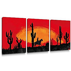 SUMGAR Red Wall Art Western Wall Decor Prints for Bedroom Bathroom, Cowboy Desert Cactus Sunset Pictures Southwest Canvas Paintings for office living room,12x16 inch