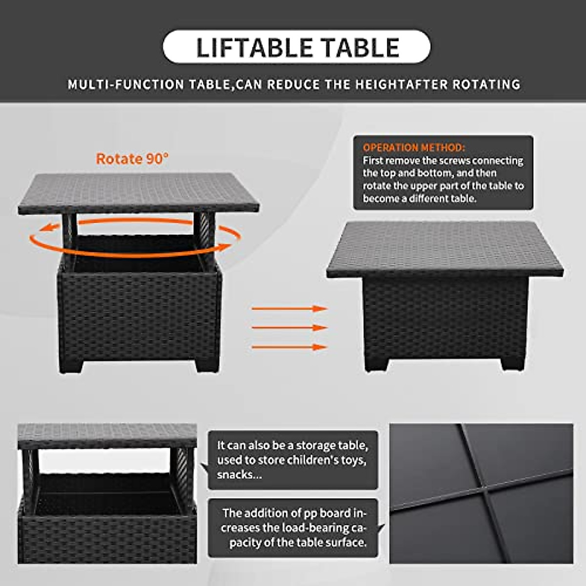 Outdoor PE Wicker Liftable Coffee Table - Patio Rattan Garden Furniture Multi-Functional Storage Tea Table, Black