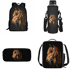 JEOCODY Horse Backpack and Lunch Box for Girls Boys Elementary School Bags with Pencil Case and Bottle Holder for Kindergarten Primary School Bookbag Set of 4