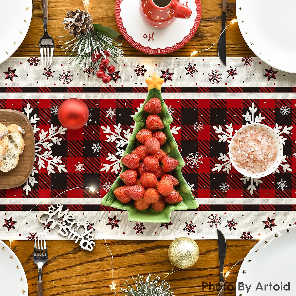 Artoid Mode Buffalo Plaid Snowflakes Christmas Table Runner, Seasonal Winter Kitchen Dining Table Decoration for Home Party Decor 13x72 Inch
