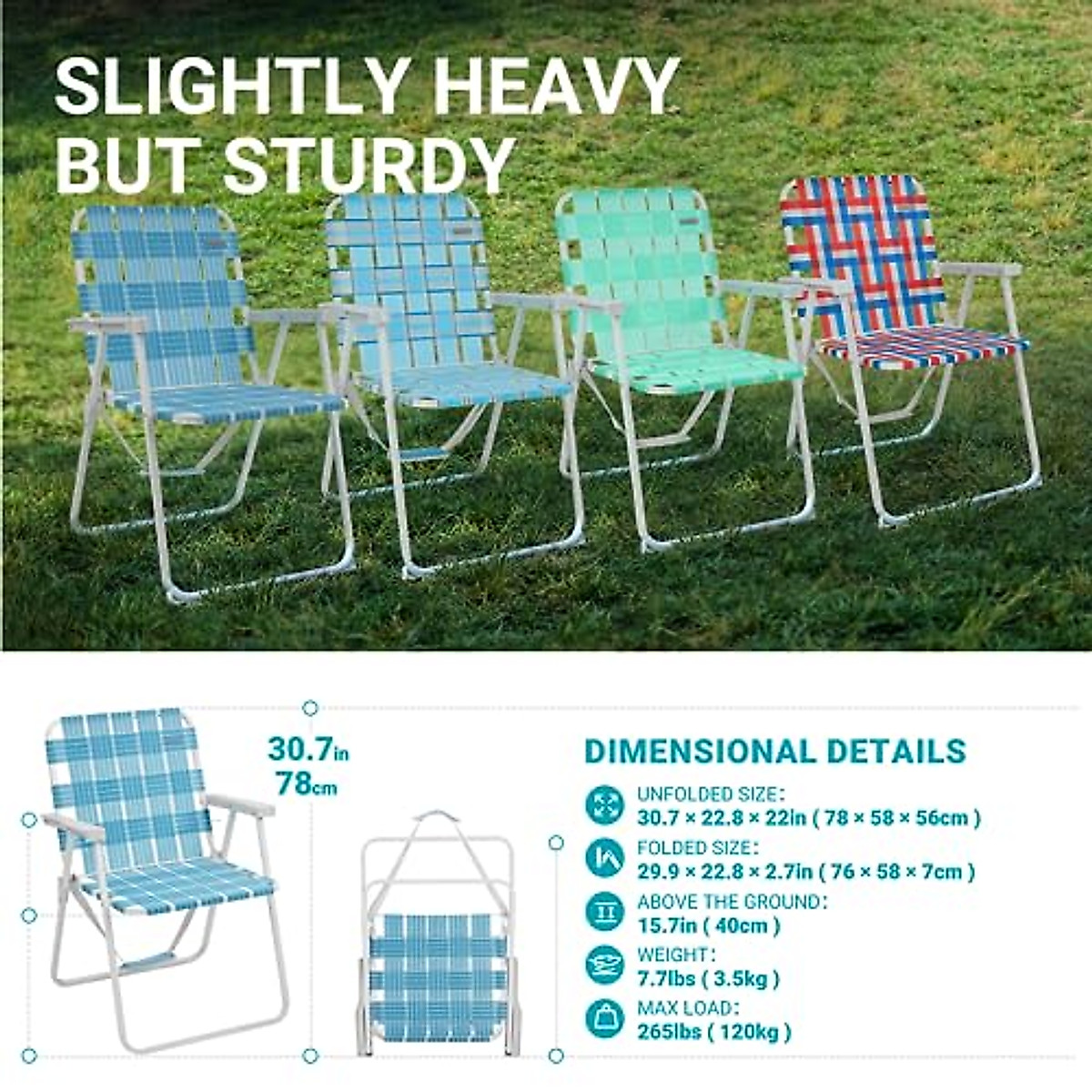 #WEJOY Folding Webbed Lawn Beach Chair, Heavy Duty Portable Chairs for Outside with Hard Arm,Carry Strap for Outdoor Camping Garden Concert Festival Sand Picnic BBQ,265 LBS