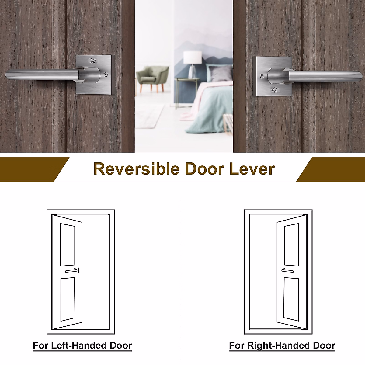 HOSOM 6 Pack Privacy Door Handles for Bedroom, Bathroom & More Interior Door Levers Keyless Reversible Square Door Locks, Satin Nickel