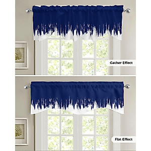 YOKOU Kitchen Valances for Windows Abstract Oil Painting Smear Navy Blue White Light Filtering Short Curtains for Windows Bedroom Privacy Added Rod Pocket Design 60x18inch,2pcs