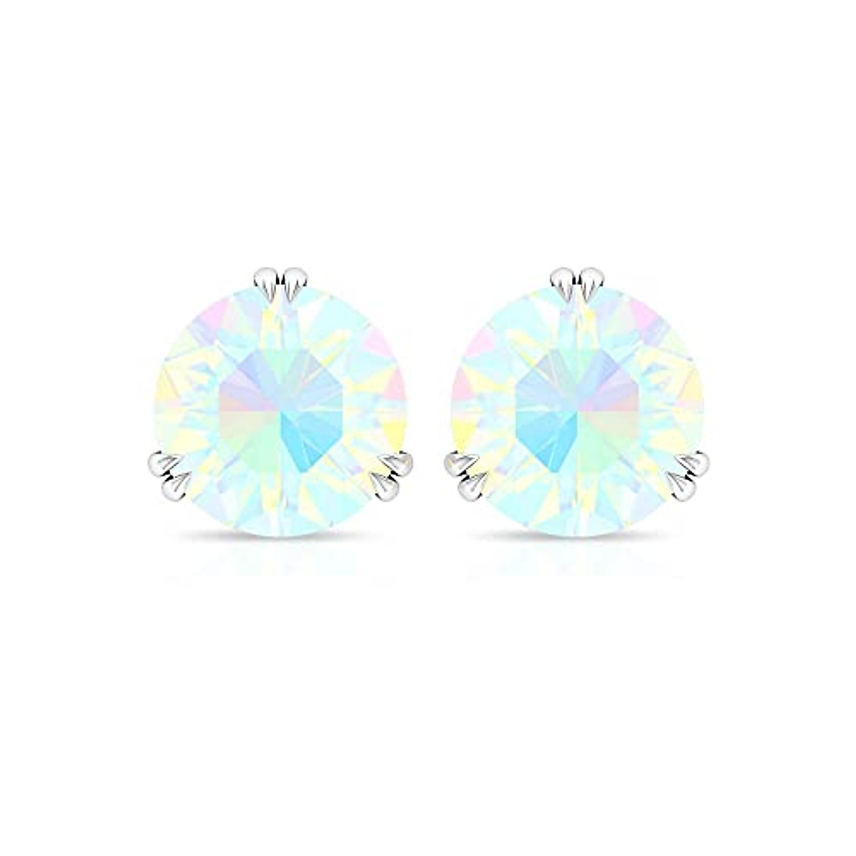Natural Ethiopian Opal Solitaire Stud Earrings, Certified 8 MM Rainbow Opal, AAA Quality, October Birthstone Earrings, 14K White Gold