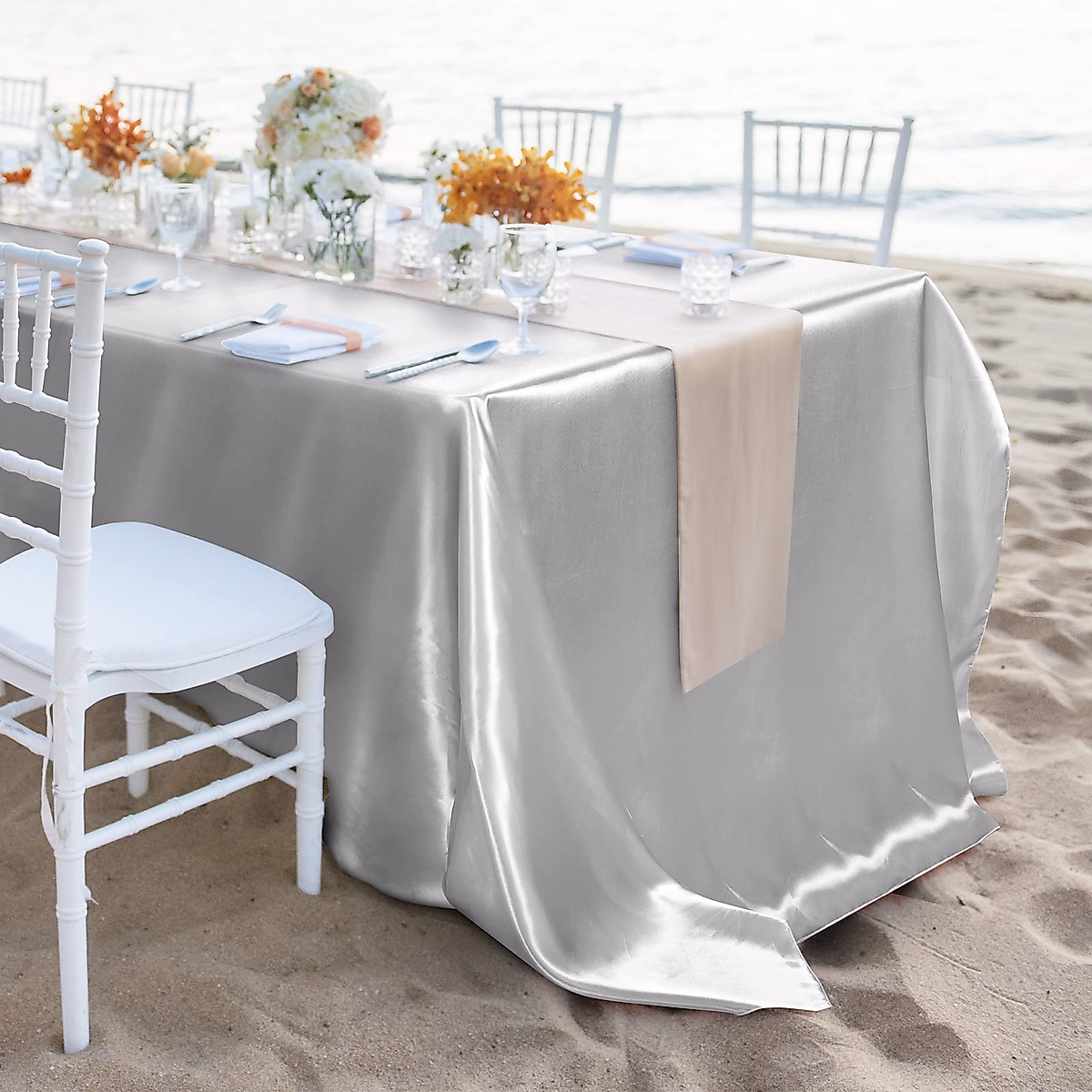 MCEAST 2 Packs Satin Tablecloth 102 x 58 Inches Rectangular Table Overlay Cover Bright Silk Tablecloth Smooth Fabric Table Decor for Wedding Banquet Table Decoration (Silver)