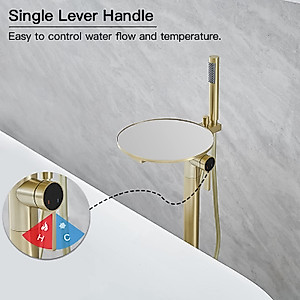 Homevacious Freestanding Bathtub Faucet Brushed Gold Floor Mount Tub Filler Single Handle Brass Bathroom Free Standing Bathtub Faucet with Handheld Shower and Shelf