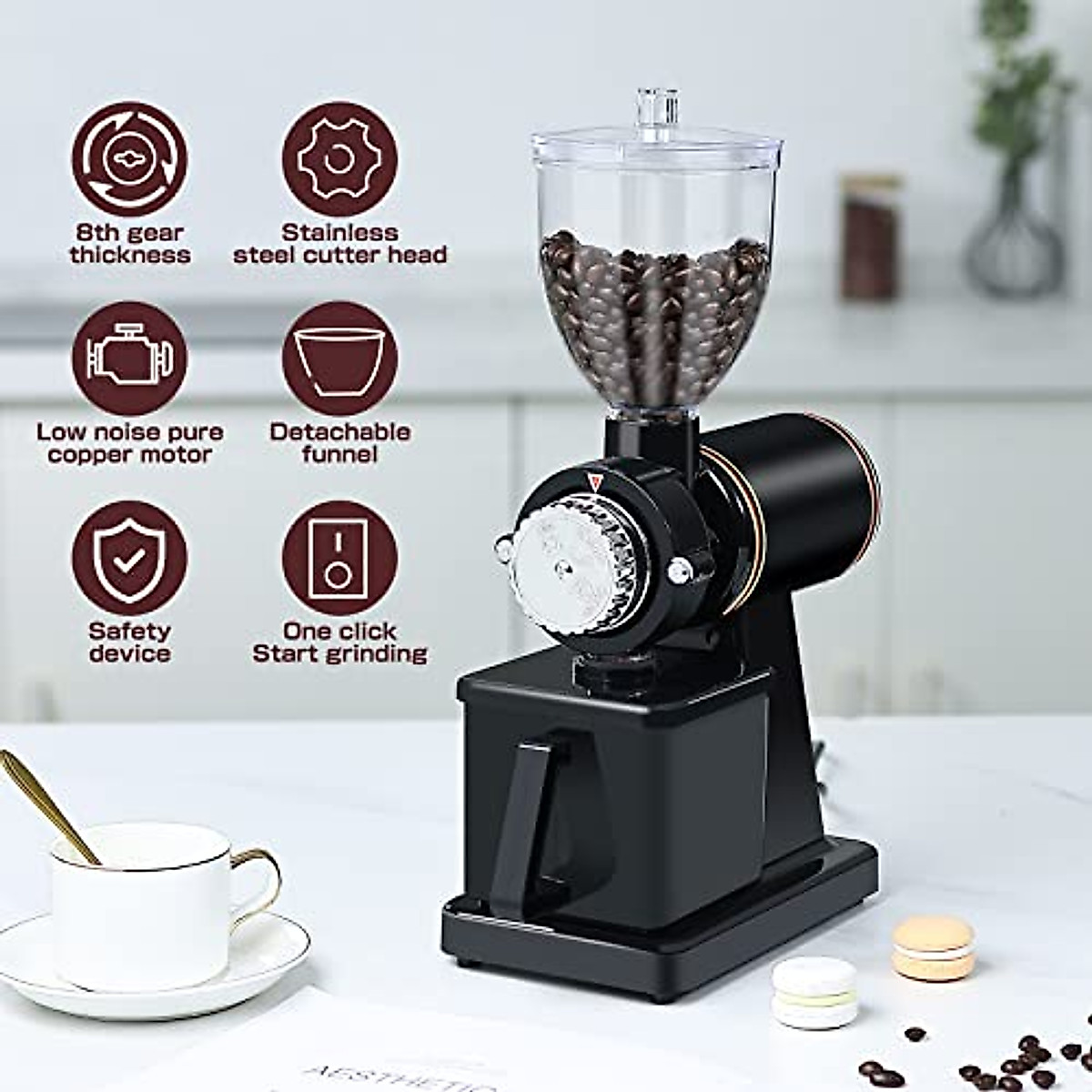 YaeMarine Professional Electric Coffee Grinder Coffee Bean Powder Grinding Machine Coffee Grinder Mill Grinder Thickness Adjustable (Black)