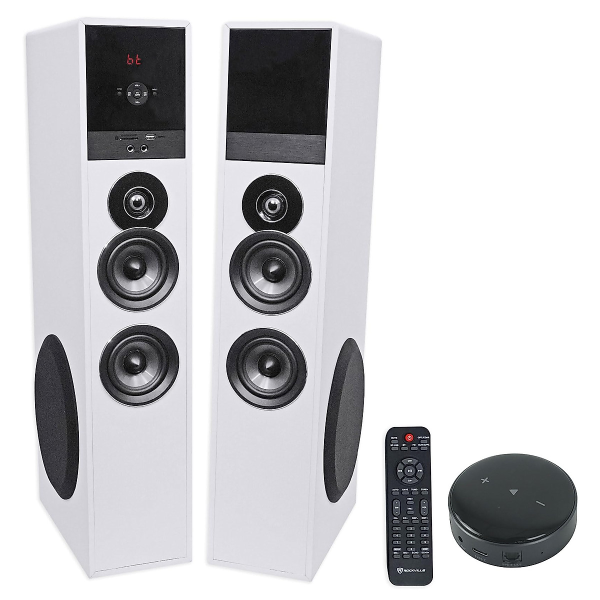 Rockville (1 TM80W White Powered Home Theater Tower Speakers 8" Sub/Bluetooth/USB Bundle with (1) Mini WiFi Music Player Wireless Audio Streaming Multiroom Stereo Receiver (2 Items)