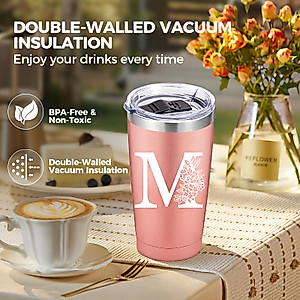 Leraverppy Personalized 20oz with Initial Stainless Steel Coffee，Leak Proof Rose Gold Tumbler with Lid And Straw Double Wall Thermal Cups for Hot and Cold Drinks Monogrammed Gifts for Women（C20-M）