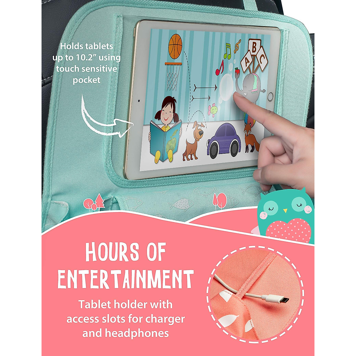 Planet Buddies Car Seat Organizer Kids, Car Accessories for Kids Storage with Tablet Holder up to 10.2 Inch, Car Organiser for Toys, Tablets, Bottles and Tissue Box Holder, Pink Owl