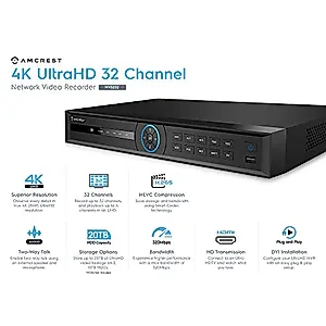 Amcrest 4K NV5232 (32CH 1080P/3MP/4MP/5MP/6MP/4K/12MP) Network Video Recorder - Supports up to 32 x 4K IP Cameras, Supports up to 2 x 10TB Hard Drives (Not Included) (No PoE Ports Included)