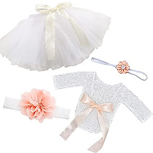 4 PCS Newborn Photography Props Outfits-BabyTutu Skirt Cute Bow Headdress and Lace Rompers Flower Headband Sets for Infants Girl Boy