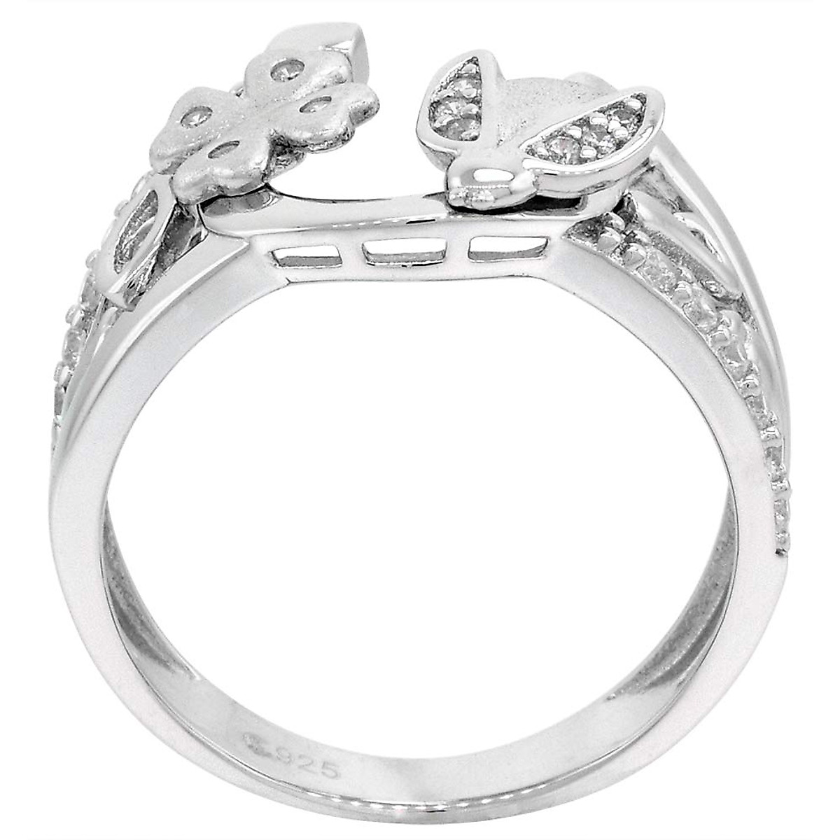 Sterling Silver Micropave CZ Horseshoe Ring for Women with Ladybug Four Leaf Clover Evil Eye Rhodium Finish 1/2 inch size 9