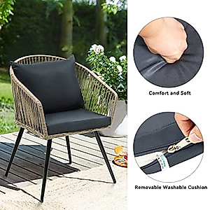 YITAHOME 3-Piece Outdoor Patio Furniture Wicker Bistro Set, All-Weather Rattan Conversation Chairs for Backyard, Balcony and Deck with Soft Cushions, Glass Side Table, Gray Rattan