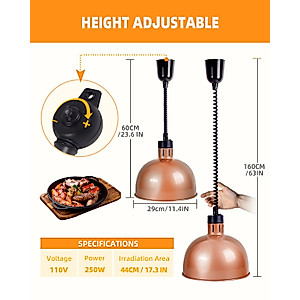 Hanging Food Heat Lamp: Commercial Food Warmer Hanging Heating Lamps with Infrared Bulb Warming Lamp for Food Service Restaurant Buffet, Height Adjustable (Dia.29cm/11.4in), Painted Copper