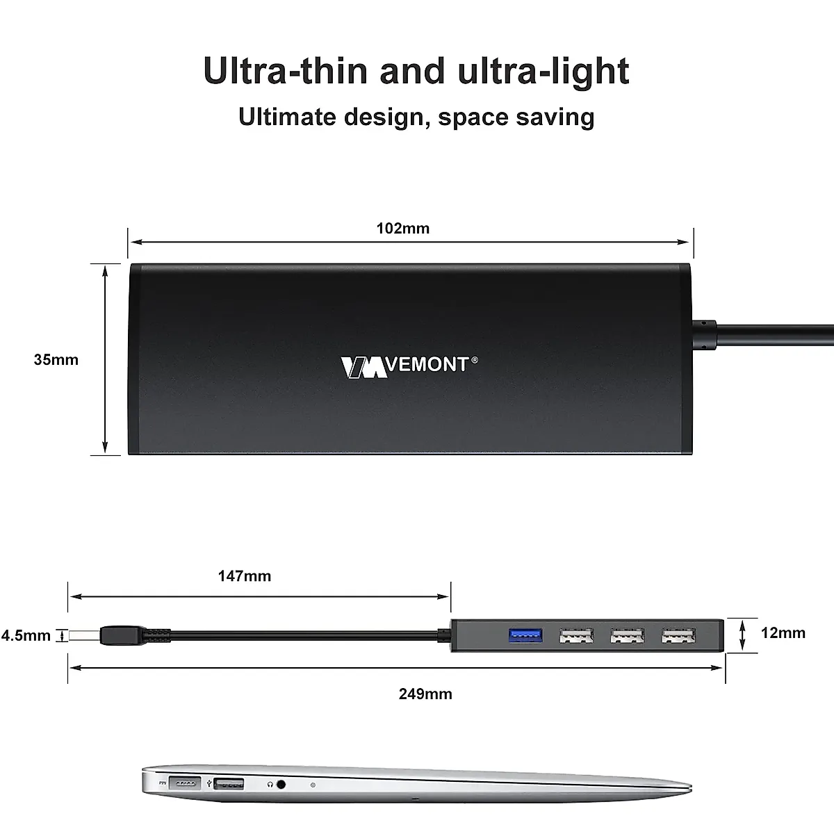 USB Hub,VEMONT 4-Port USB Data Hub with 3 Ports USB 2.0 HUB, 1port USB 3.0 HUB,Ultra Slim Portable High-Speed USB Splitter Applicable for PC Laptop, Desktop, Notebook, MacBook and More