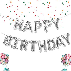 Happy Birthday Balloons Banner, 16 Inch Mylar Foil Balloon Letters Birthday Sign Banner, Reusable Silver Birthday Balloons Kit Birthday Decorations For Kids Adults Birthday Party Favor Supplies