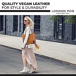LONDON FOG QUENDI Tote Bag for Women, Vegan Leather Shoulder Bag with ID Wallet - Cognac