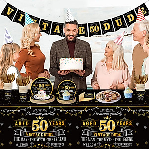 183 Pcs Vintage 50th Party Tableware Set, Black Gold Vintage Happy 50 Birthday Tablecloth 24 Guests Dinner Plates Dessert Plate Cup and Napkins for Men Cheers 50th Theme Birthday Party Supplies