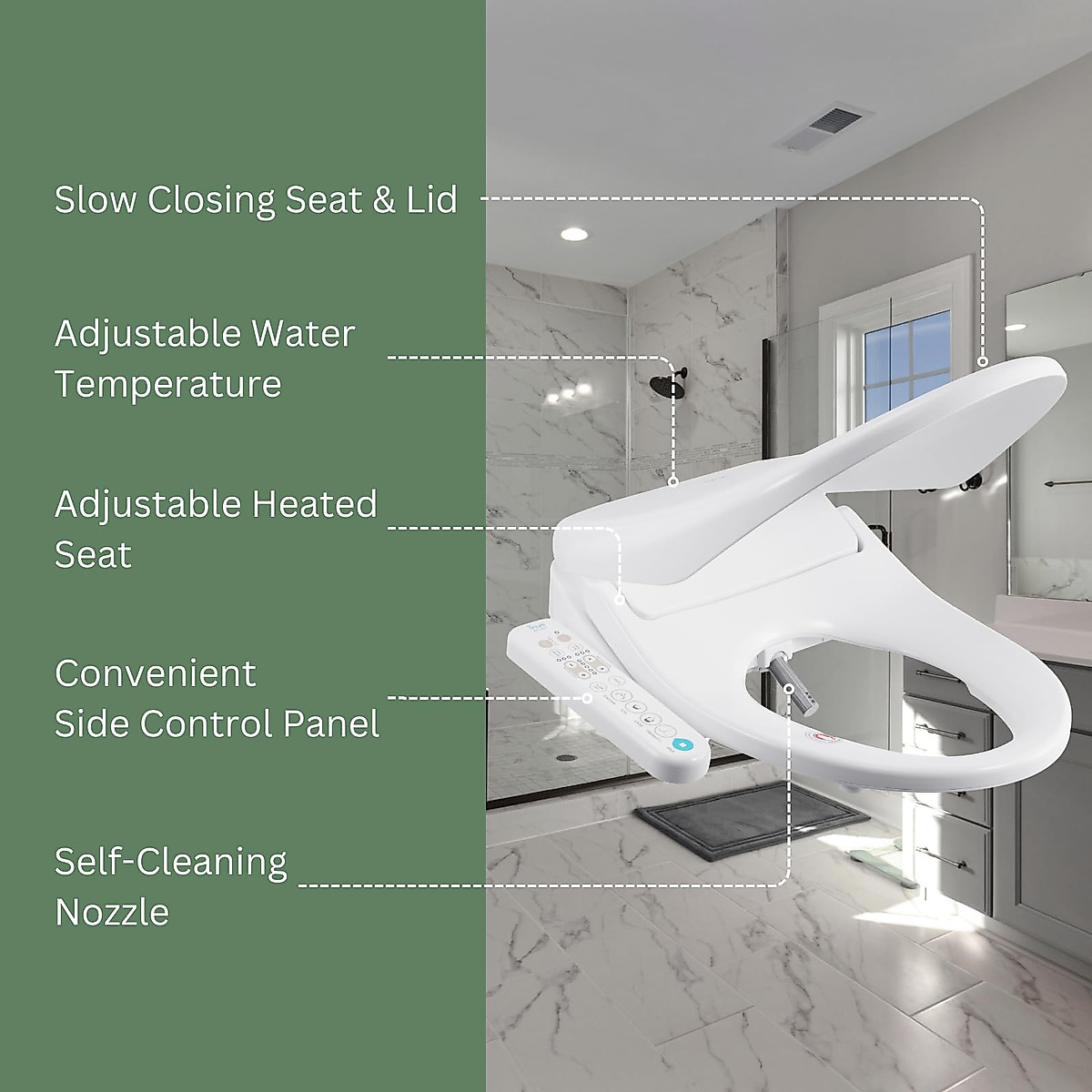 Inus N21 Electric Heated Bidet Toilet Seat Elongated, Warm Water, Smart Heated Water Luxury Bidet Toilet Seat with Kids Mode, Self Cleaning Nozzle, Tankless, Smart Touch Panel & Temperature Control